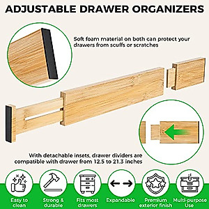 Bamboo Drawer Dividers Organizer with Inserts, Expandable from 12.5-21.7", Adjustable Drawer Organizer Separators for Utensils, Dresser, Bedroom, Bathroom, Closet, Clothing, Office (Beige)