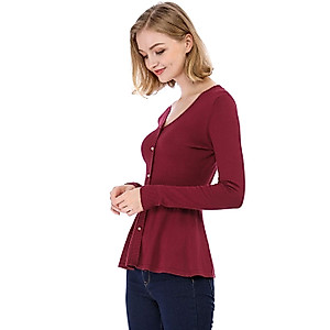 Allegra K Women's Peplum Sweater Ribbed V Neck Long Sleeve Knit Peplum Tops Small Burgundy