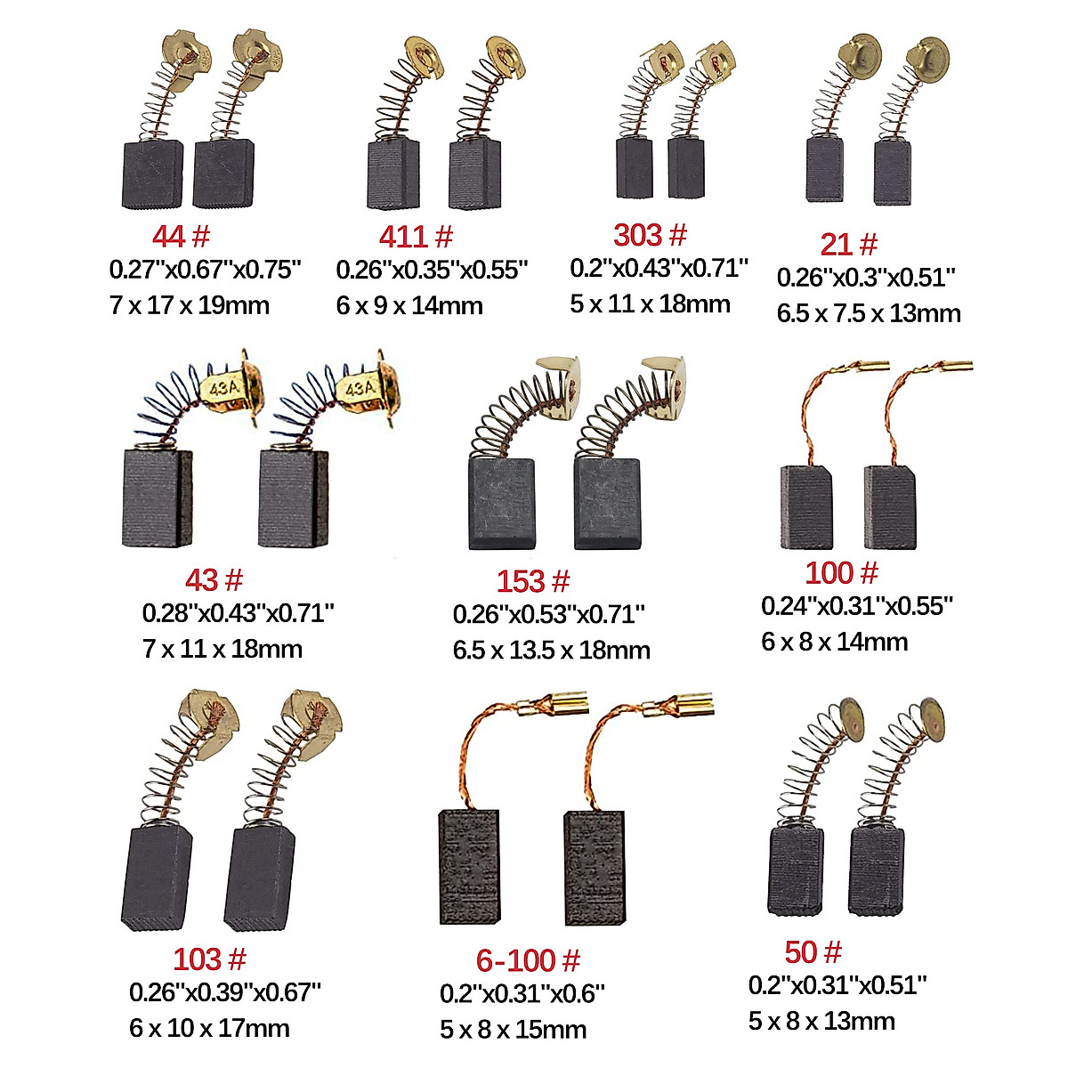 UFelice 20Pcs Electric Motor Carbon Brush 10 Different Sizes Brushes Replacement Part for Power Tools