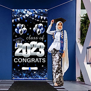 Congrats Grad Banner Decoration- Class of 2023 Large Blue Door Cover Banner Decoration for Graduation Party Supplies (Blue)