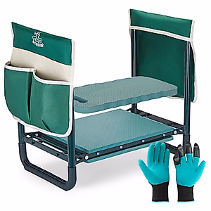 DEERFAMY Garden Stool 10.2" Width, Garden Kneeler and Seat Load Cap 350 lbs, Heavy Duty Gardening Stool with Extra Kneeling Pad, 2 Tool Pouches, Claw Gloves, Gift for Women Seniors, Green