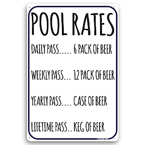 Pool Rates 12" X 8" Funny Beer Humor Aluminum Sign Indoor Outdoor Pool Locker Room Clubhouse Tiki Bar Decor