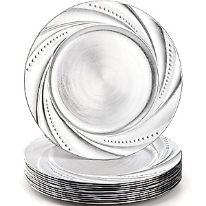 ZENFUN 12 Pack 13 inch Silver Charger Plates, Plastic Plate Chargers for Dinner Plates, Flower Spiral Dinner Chargers, Decorative Plates for Table Setting, Wedding, Parties, Banquets