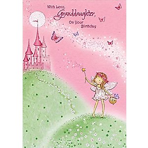 Designer Greetings Pink Castle and Fairy Child with Star Wand Birthday Card for Granddaughter