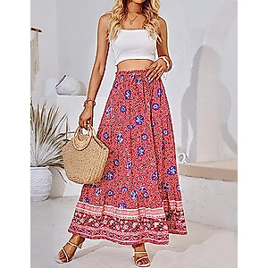 ZESICA Women's 2025 Summer Bohemian Floral Printed Elastic Waist A Line Maxi Skirt with Pockets,Floral Red,Small