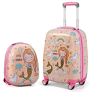 BABY JOY 2 PC Kids Carry On Luggage Set, 12” Backpack & 18” Toddler Suitcase, Hard Shell Travelling Case & Backpack w/ 4 Rotating Casters, Cute Rolling Trolley Case for Boys & Girls (Mermaid)