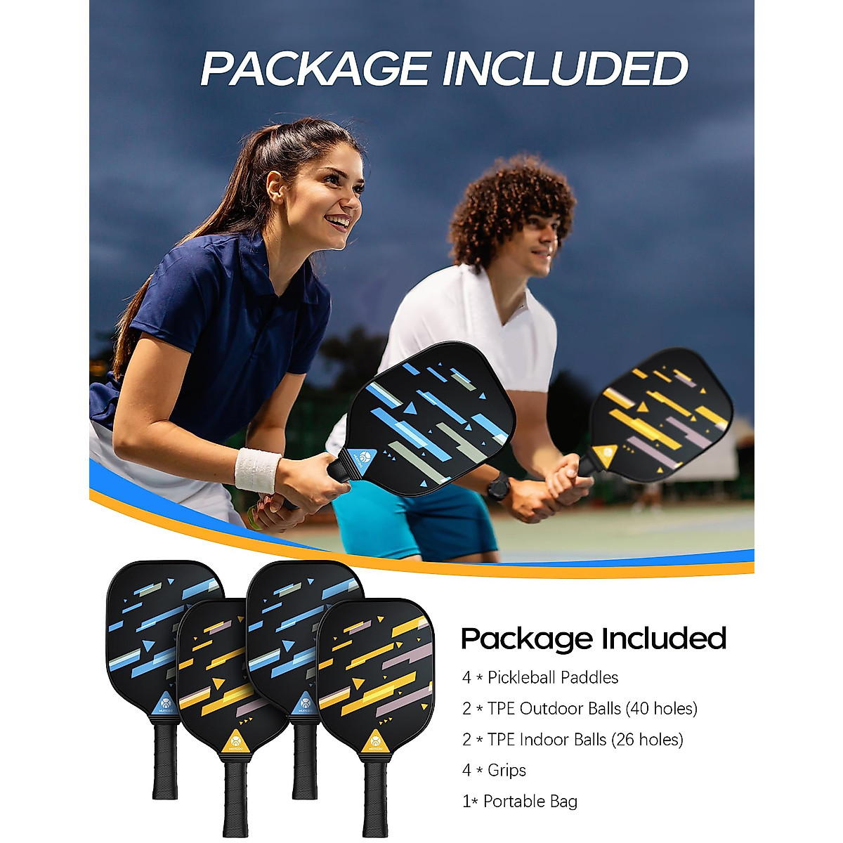 Muitcdo Pickleball Paddles Set of 4, USAPA Approved Pickleball Set with 4 Balls and 1 Carry Bag 4 Replacement Grips, Light Pickleball Rackets for Beginners and Intermediates Racquet for Men Wowen