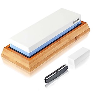 Premium Whetstone Knife Sharpening Stone,2 Side Grit 1000/6000 Whetstone Sharpener,Whetstone Knife Sharpener with NonSlip Bamboo Base & Angle Guide