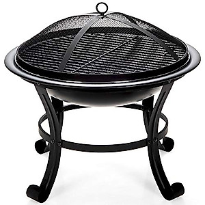 DORTALA 22” Steel Fire Pit, Wood Burning Fire Pit w/Round Mesh Spark Screen Cover, Poker and 2 Grate, Steel Fire Pit Bowl w/Grilling Grate Handle Bonfire Patio Backyard Black