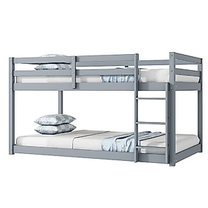 Low Bunk Beds Twin Over Twin Floor Bunk Bed Frame Junior Loft Bed for Kids Boys Girls Teens Wood Twin Bunk Bed with Safety Fences Wood Twin Bunk Bed with Safety Fences, Gray