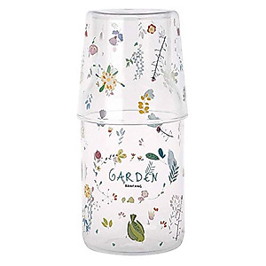 Sizikato 16 Oz Clear Glass Bedside Night Water Carafe with Tumbler Glass, Garden Flower and Bird Pattern.