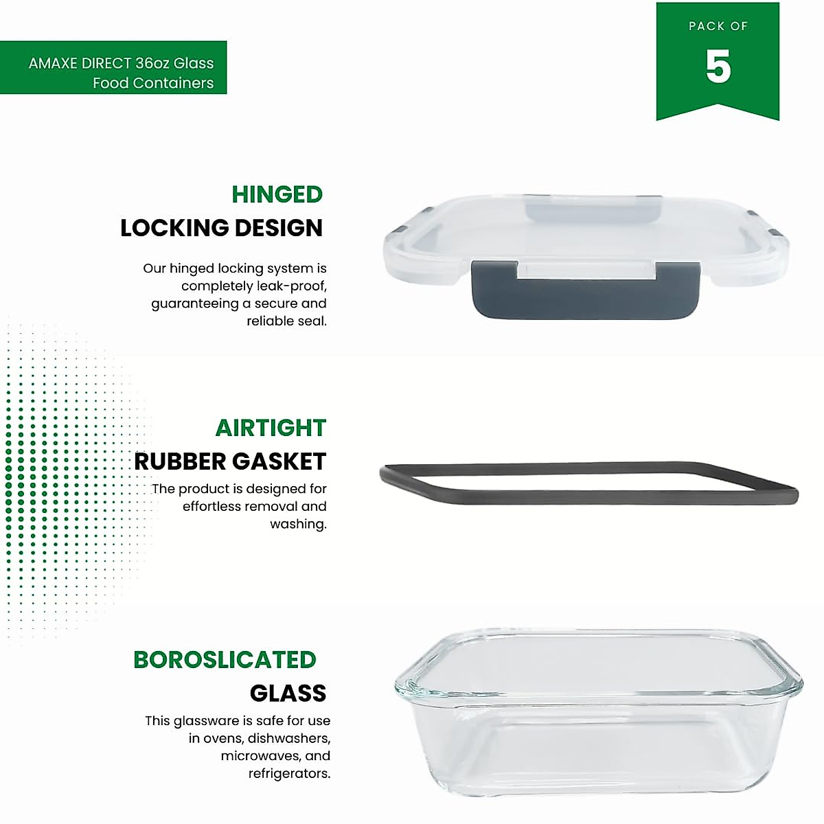 Amaxe Direct 5 Pack 36OZ Kitchen Leak-Proof Glass Food Storage Containers - Thick & Durable Glass Meal Prep Containers - Airtight Easy to Clean Glass Storage Containers with Lids
