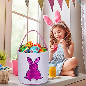 Jexine 12 Pcs Easter Bunny Basket Bags Bulk for Kids Gift Bucket Easter Eggs Hunt Basket with Handle Bunny Tote Bag Carry Bucket Rabbit Fluffy Tails Bags for Easter Party Decorations (Sequin Style)