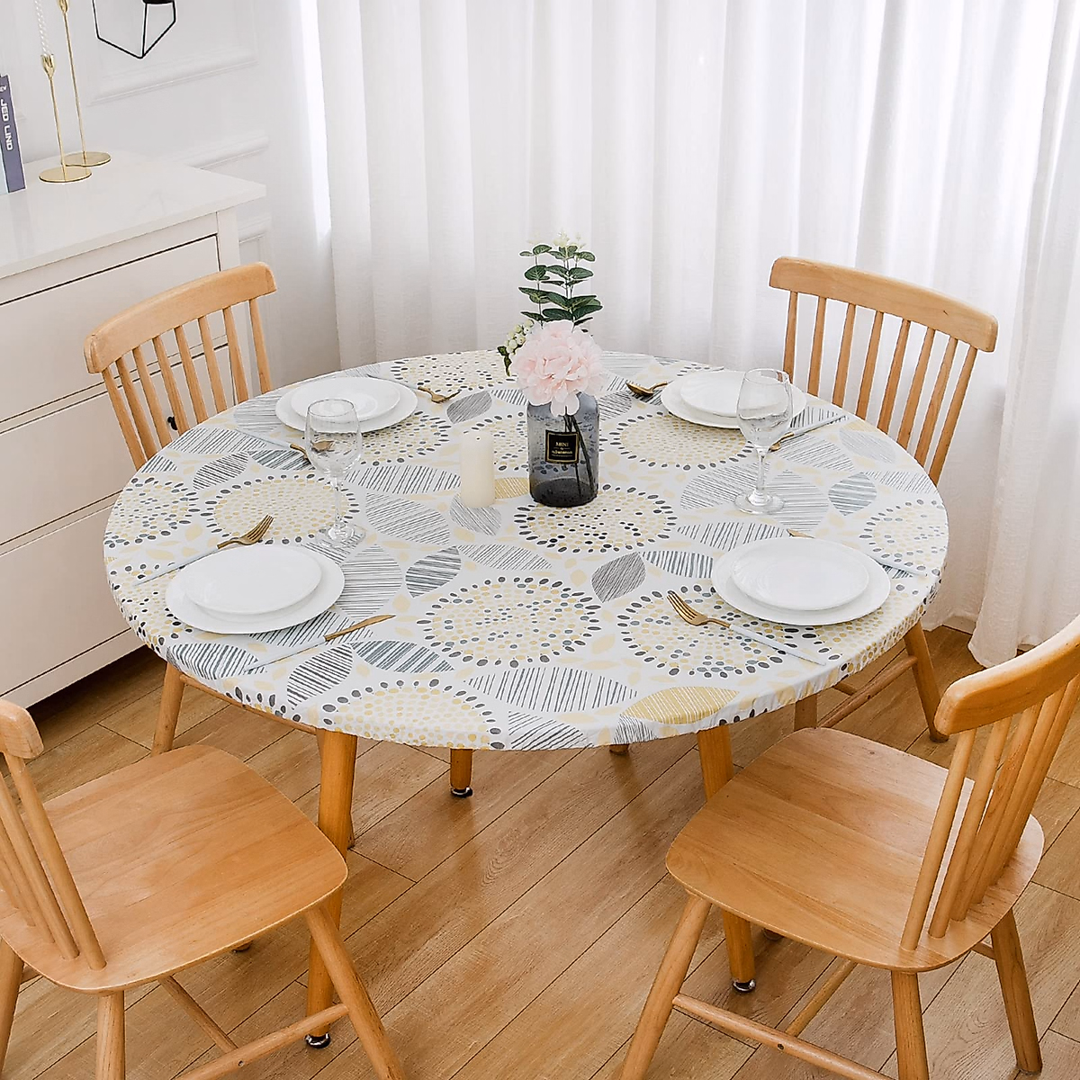 LIBERECOO Round Vinyl Fitted Tablecloth with Flannel Backing Elastic Edge Plastic Table Cover Waterproof Table Cloth Stain-Resistant Wipeable for 40"-44" Round Table