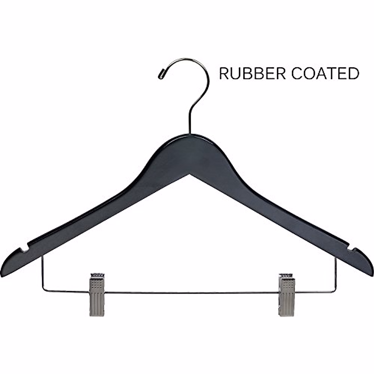 Black Rubberized Wooden Combo Hangers with Adjustable Cushion Clips, Flat Rubber Coated Hangers with Chrome Swivel Hook & Notches (Set of 50) by The Great American Hanger Company