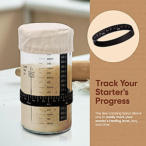 SourDough Starter Jar Kit Large 34oz. Wide Mouth Glass Jar with Scraper, Spatula, Cloth Cover, Feeding Band, Aluminum Lid, Temperature Strip, Instructions, Home Bread Baking Supplies, Fermentation Jar