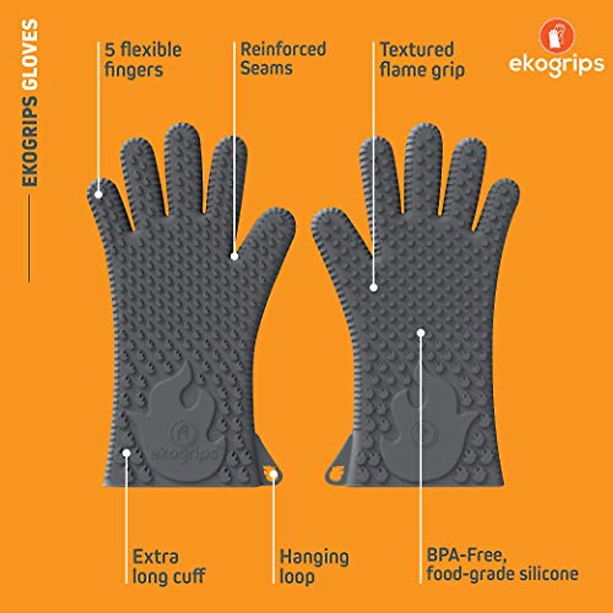 Jolly Green Products Ekogrips Premium Heat-Resistant BBQ Gloves for Cooking and Meat Handling, Kitchen Oven Gloves, Fireplace Accessory, Campfire Gloves, BBQ Mitt, Dishwashing Gloves (Orange, One-Size Fits Most)