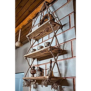 Varnished Retro Wood 3' Eye Rope Wall Shelf Bookcase Flower Holder, Home Wall Wood Shelf