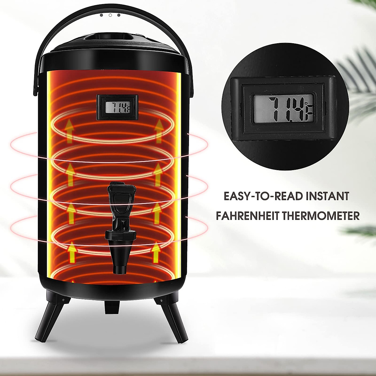 VorChef Hot Beverage Dispenser, Stainless Steel Insulated Beverage Dispenser Cold and Hot Drink dispenser with Thermometer–3.2-Gallons 12 Liters Water Dispenser with Spigot for Tea & Coffee, Water