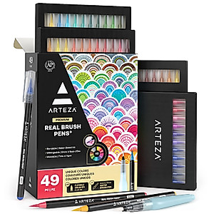 ARTEZA Real Brush Pens, 48 Colors, Watercolor Markers with Flexible Nylon Brush Tips, 0.5-mm Line Size, Art Supplies for Creating Illustrations, Calligraphy, and Watercolor Effects