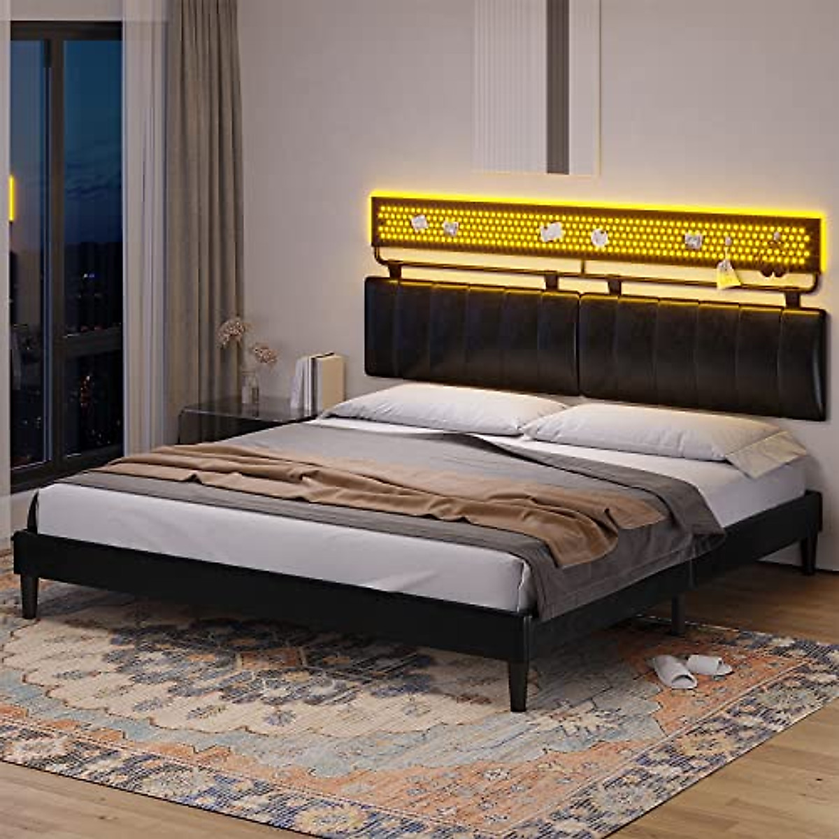 EPHEX King Platform Bed Frame with LED Lights, Faux Leather Upholstered Bed Frame with Wall Mount Headboard & Pegboard, Strong Wood Slat Support, No Box Spring Needed, Black