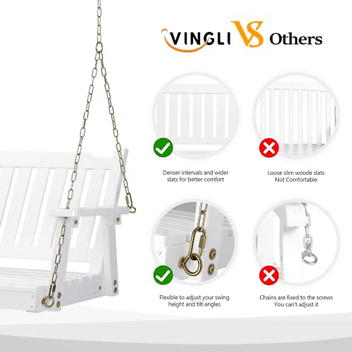VINGLI Upgraded Heavy Duty 880 LBS 4 FT Patio Wooden Porch Swing Solid Fir Wood, Outdoor Handing Swing Bench for Garden | Yard | Balcony | Tree, White