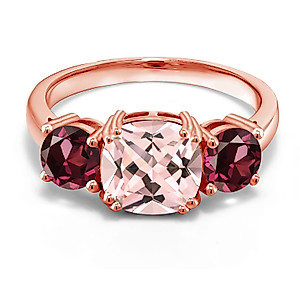 Gem Stone King 18K Rose Gold Plated Silver Peach Nano Morganite and Red Rhodolite Garnet 3 Stone Engagement Ring For Women (3.20 Cttw, Gemstone October Birthstone, Cushion 8MM, Size 6)