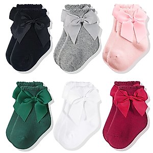 CozyWay Baby Girls Ankle Socks White Bow Toddler Infants Cotton Socks 6 Pairs For Girls, 0-9 Months