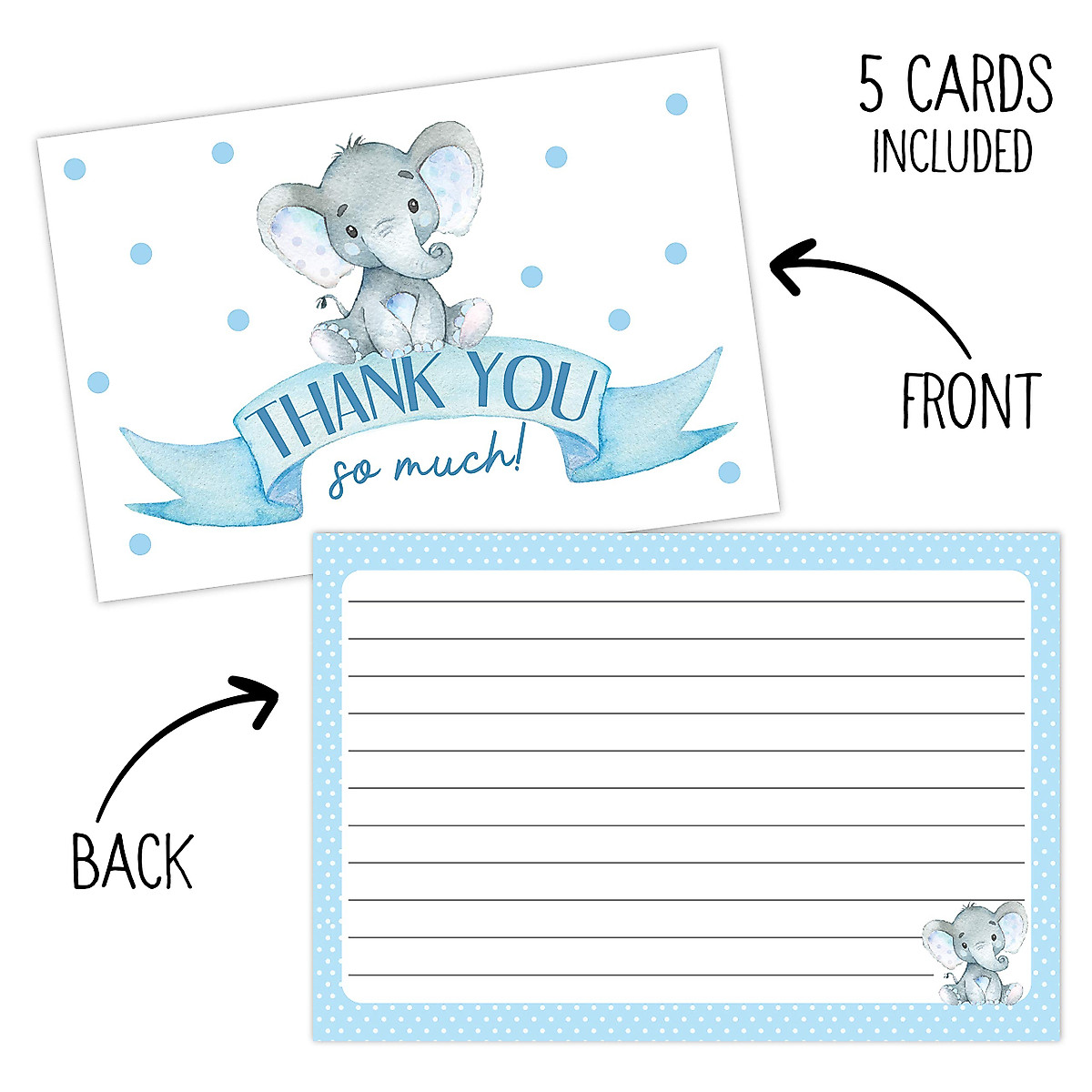 Your Main Event Prints 50 Elephant Baby Shower Thank You Cards - Boy Baby, Mama Baby Shower Favor and Games - 6 Different Designs Included - 25 Blank and 25 Pre-Written Thank You Cards