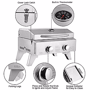 Propane Tabletop Grill, Two-Burner, Stainless Steel Gas Grill Portable 2000 BTU BBQ Grid with Foldable Legs for Outdoor Camping Picnic EASY SETUP