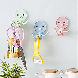 Colorido Cute Cartoon Octopus Kitchen Bathroom Strong Adhesive Towel Hook Wall Hanger Size Medium (Blue)