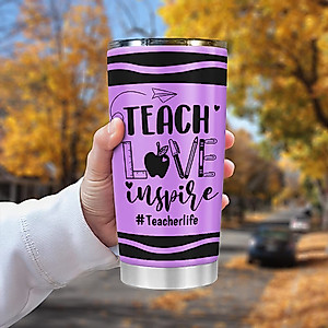 Wassmin Personalized Teach Love Inspire Teacher Life Tumbler Cup With Lid Double Wall Vacuum Insulated Stainless Steel Tumblers 20oz 30oz Travel Mug Birthday Christmas Gifts Custom Name (Purple)