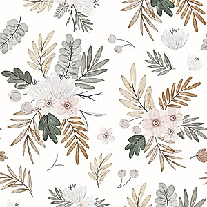 JiffDiff Boho Wallpaper Peel and Stick Watercolor Autumn Flowers Wallpaper Honey Wheat Watercolor Leaf Wallpaper White Removable Wallpaper Wall Decor 17.32" x 118.11"