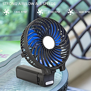 Portable Handheld Fan,USB Rechargeable Mini Fan with 2200mAh Battery Operated, Small Hand Held Fans 3 Speeds Adjustable, 180° Rotation Foldable Personal Desk Fan for Home Office Desktop and Travel