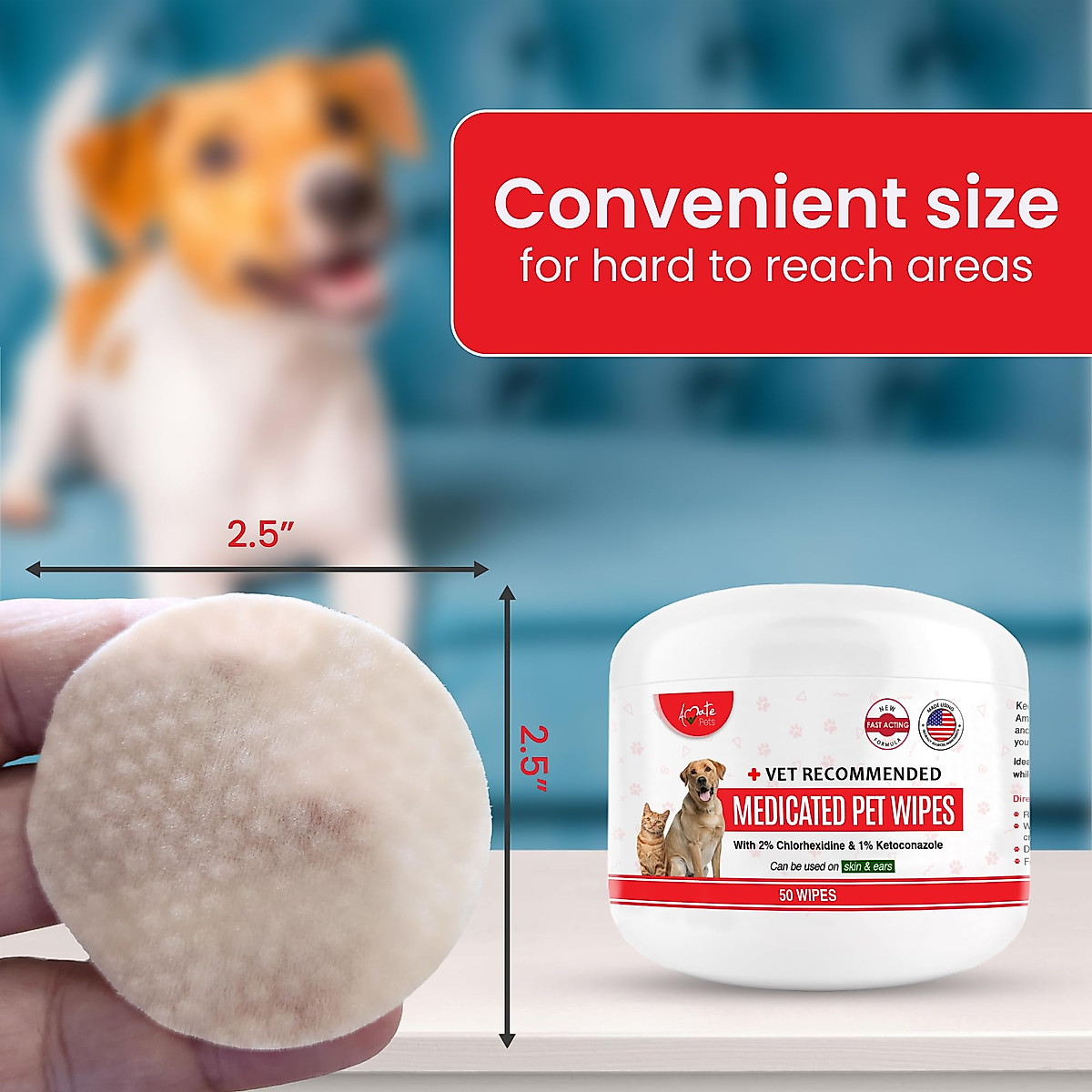 Amate Medicated Dog Wipes for Ear Skin & Coat - Pet Wipes for Dogs & Cats - 2.5” Small Wipes - Relieve Skin Issues, Hot Spots & Irritation - Pack of 50