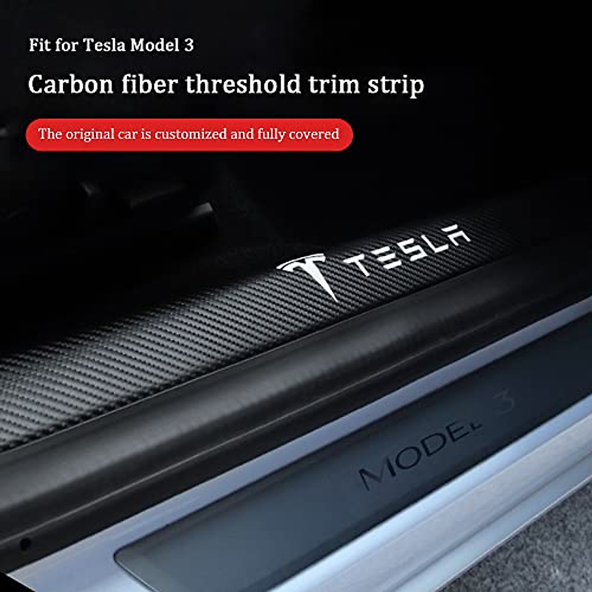 RSKVA Full Coverage Threshold Protection Sticker for Tesla Model 3 Carbon Fiber Leather Door Entry Guard Sticker Inner Accessories Self-Adhesive (White)