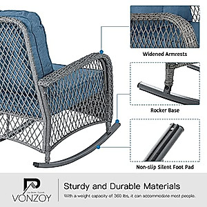 VONZOY Outdoor Rocking Chair, Wicker Patio Furniture with Thickened Cushions for Porch (Blue)