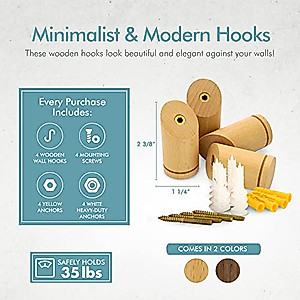 Haven Houz Beech Wood Wall Hooks, Wall-Mounted Wooden Wall Hooks, Handcrafted Wood Hooks, Modern Minimalist Wooden Pegs for Hanging Coats, Hats, and More, Holds Up to 35 lbs, Pack of 4