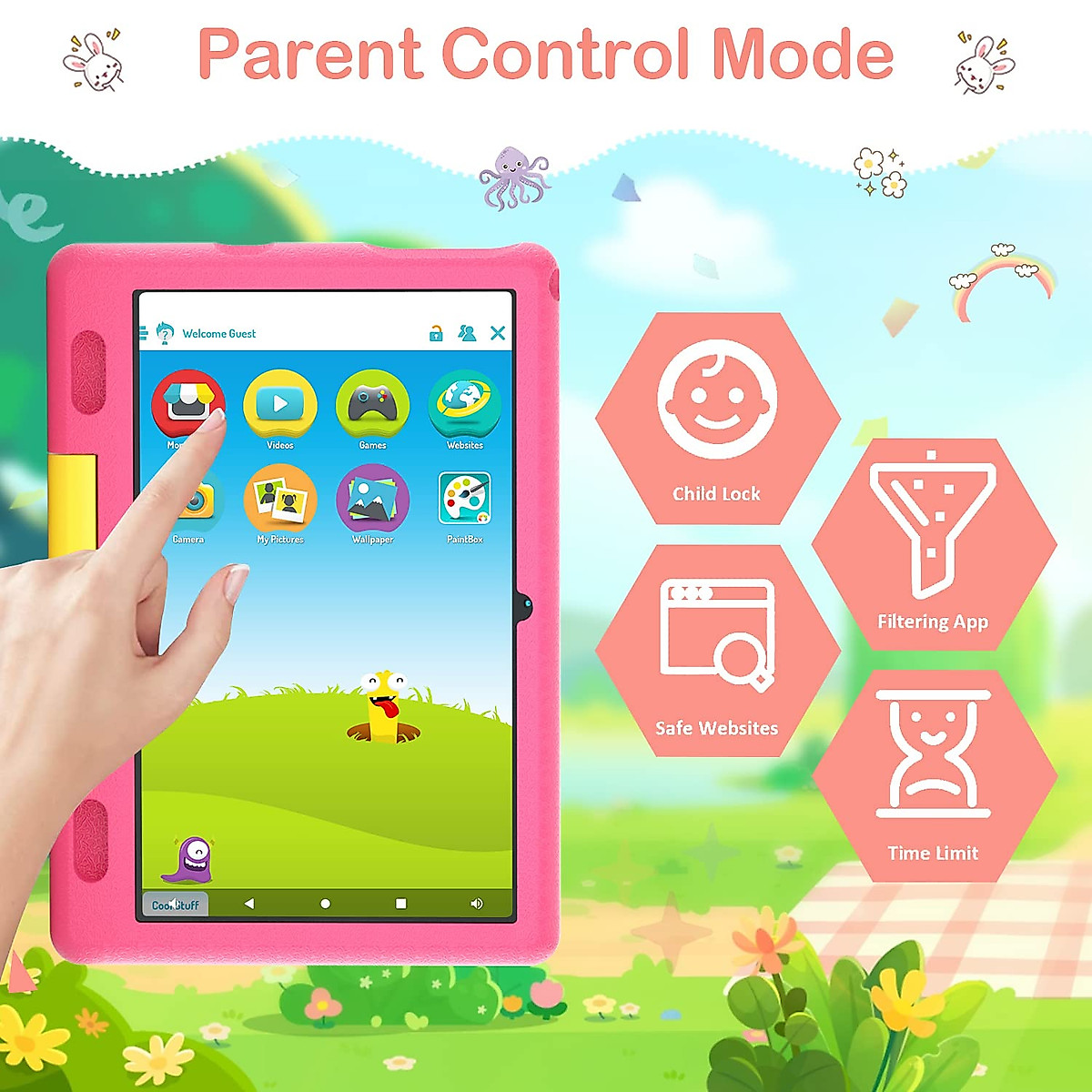 Kunleba Kids Tablet 10.1 Inch Andriod 11 Tablet for Kids Quad Core 32GB ROM 6000mAh Wi-Fi Bluetooth Tablets PC (Pink)