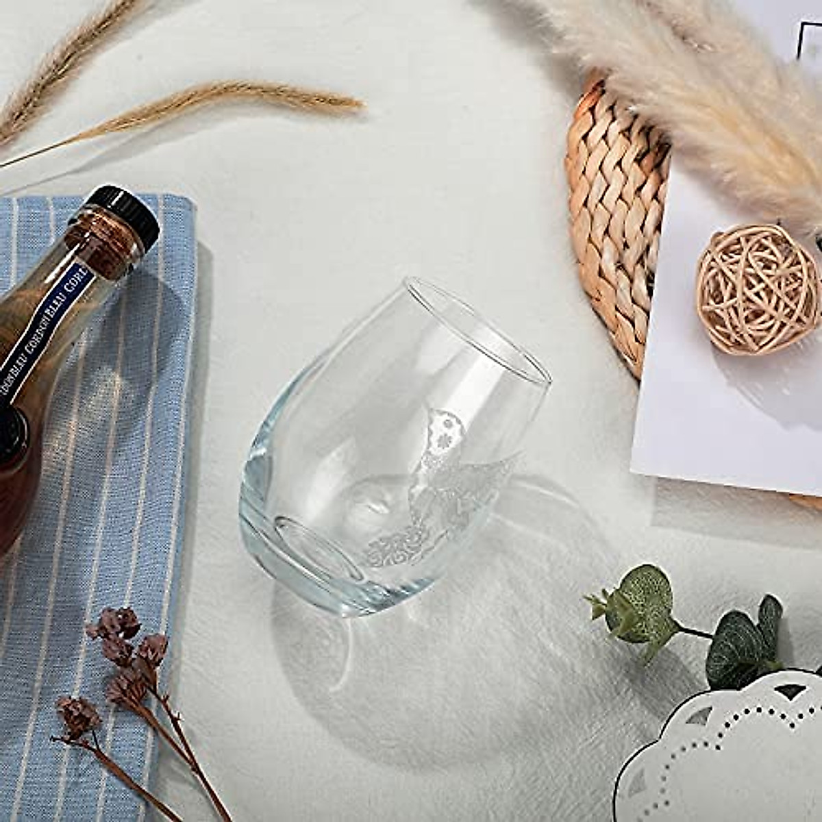 Geiserailie Hummingbird Stemless Wine Glass Hand Stemless Glass Christmas Branch Coffee Tea Cup Exquisite Presents for Women Friends Men, 15.2 oz