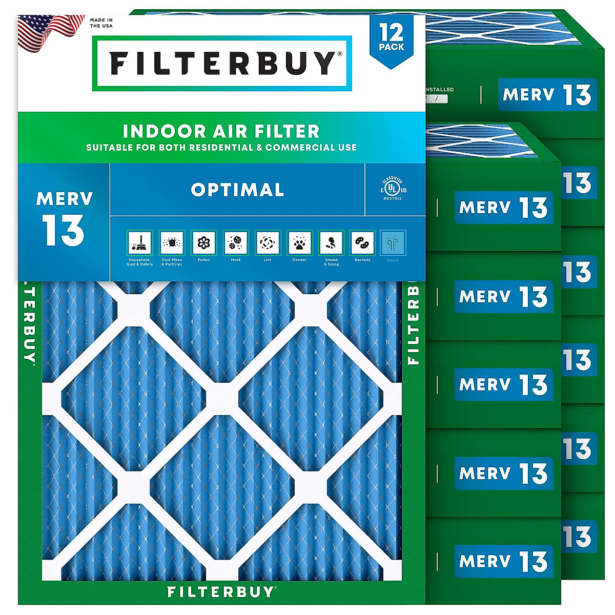 Filterbuy 20x25x4 Air Filter MERV 13 Optimal Defense (12-Pack), Pleated HVAC AC Furnace Air Filters Replacement (Actual Size: 19.50 x 24.50 x 3.63 Inches)