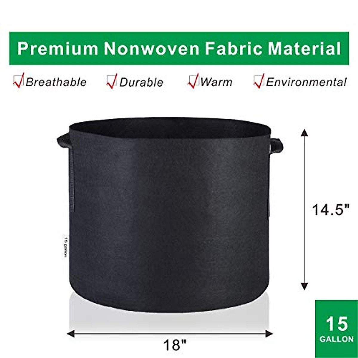 Hongruilite 1 2 3 5 7 10 15 20 25 Gallon 6/12/24-Pack Planting Grow Bags Black Fabric Grow Pots Bags for Hydroponic Indoor Plant Growing (15 Gallon w/Handles(12-Pack))