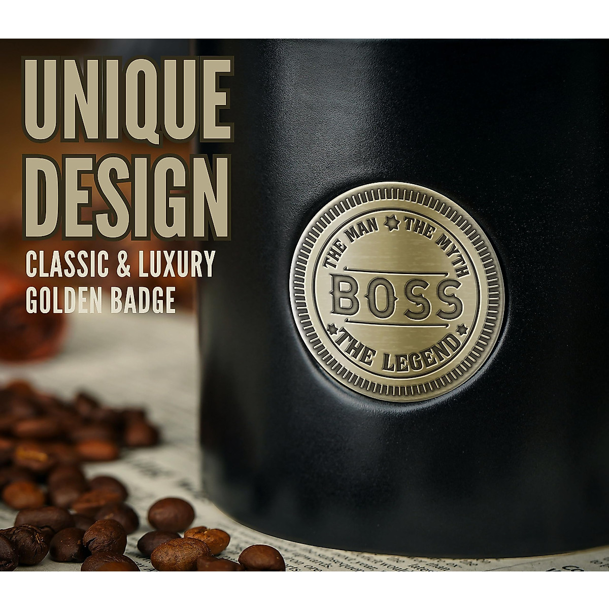 Onebttl Boss Gifts Coffee Mug for Men, Ceramic Mug with Golden Badge, 15oz/450ml Mug for Boss Day, Christmas, Retirement - Man Myth Legend