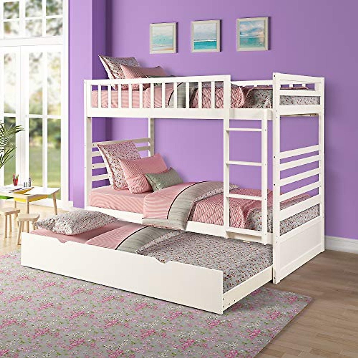 MERITLINE Twin Over Twin Bunk Bed for Kids,Detachable Wood Twin Bunk Bed Frame with Trundle,White