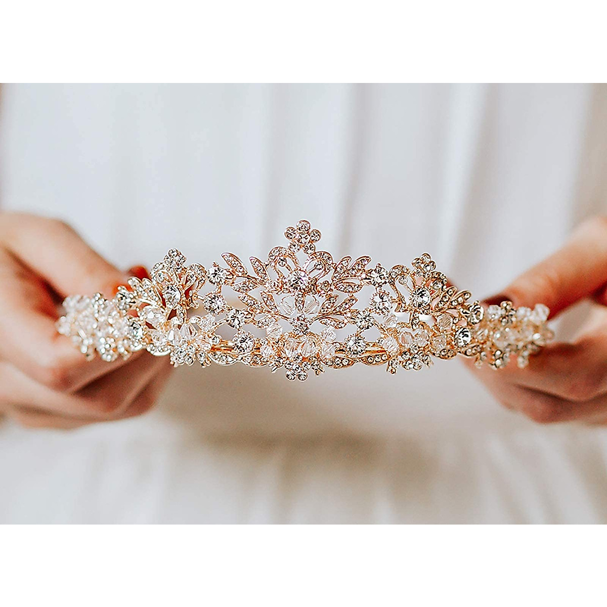 SWEETV Rose Gold Wedding Tiara Earrings Jewelry Set for Women & Girls - Bridal Tiara & Dangle Earrings with Rhinestones