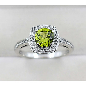 Natural Yellow Peridot 7 MM Round Cut August Birthstone Gemstone 925 Sterling Silver Solitaire Unisex Proposal Ring For Wedding Gift (Rhodium Plated Silver, 6.5)