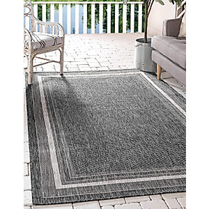 Unique Loom Outdoor Border Collection Area Rug - Soft Border (7' 1" x 10' Rectangle, Black/ Ivory)