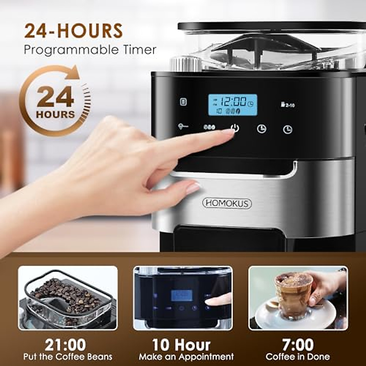 HOMOKUS 10-Cup Coffee Maker with Grinder, Touch Screen, Automatic Brew, Warming Plate, 1.5L Water Tank, Removable Filter - For Home and Office