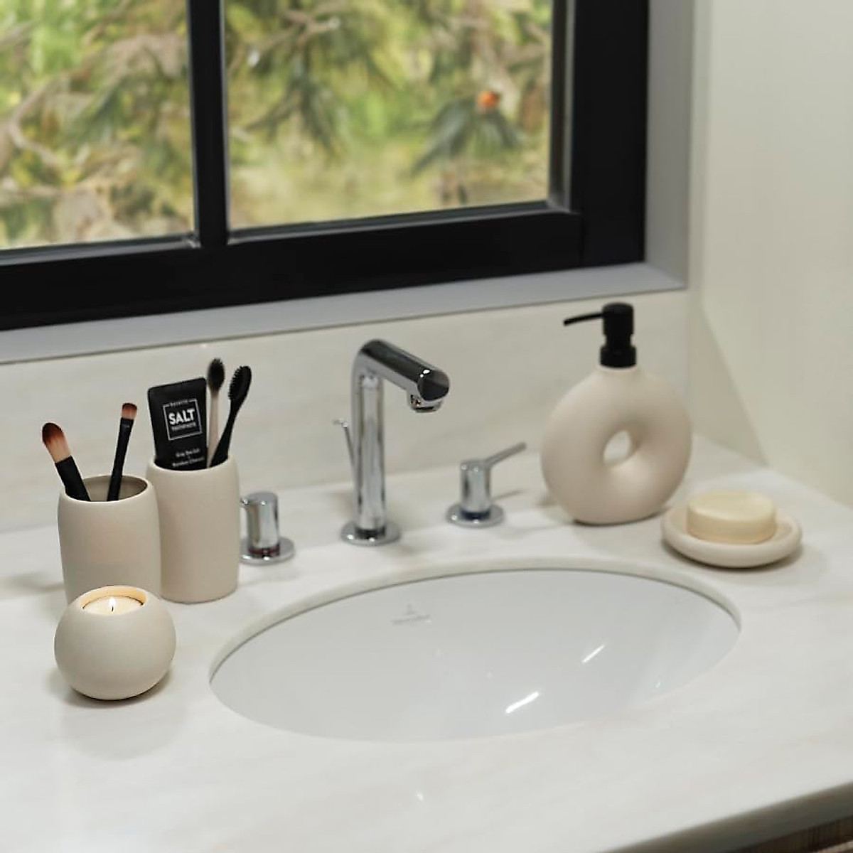 Terramoza Ceramic Bathroom Accessory Set, 5 Pcs - Includes Soap Dispenser, Toothbrush Cup, Toothbrush Holder, Soap Dish & Candle Holder - Beige, Matte Glaze - Aesthetic Bathroom Decor