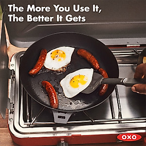 OXO Outdoor Pre-Seasoned Carbon Steel 10" Frying Pan Skillet, Detachable Handle for Easy Storage, Indoor Use, Nonstick with Use, Induction Suitable,Oven & Broiler Safe,Browning, Grill,Sear,Saute,Black